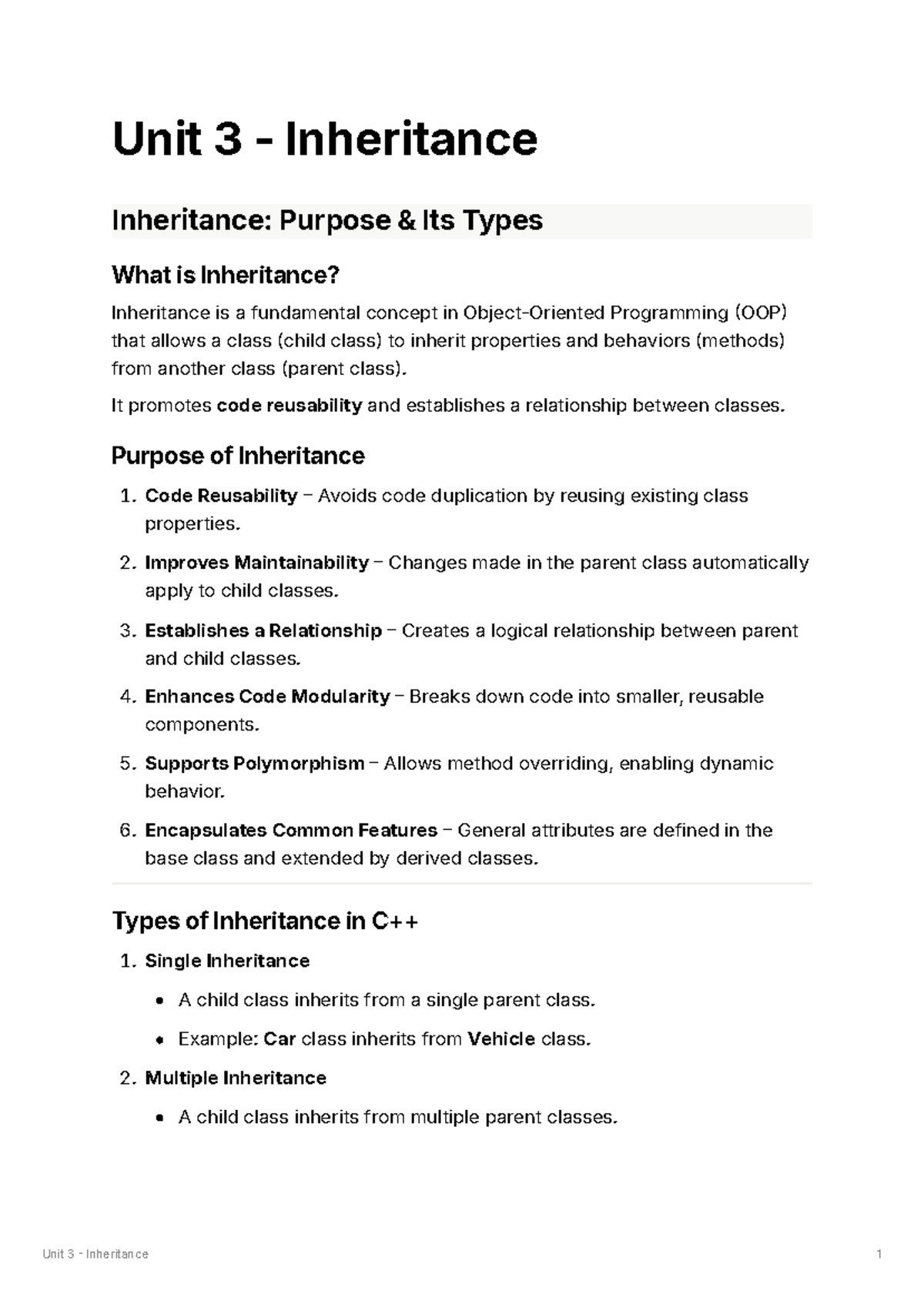 Unit 3 - Inheritance: Purpose, Types, and Key Concepts in OOP - Studocu