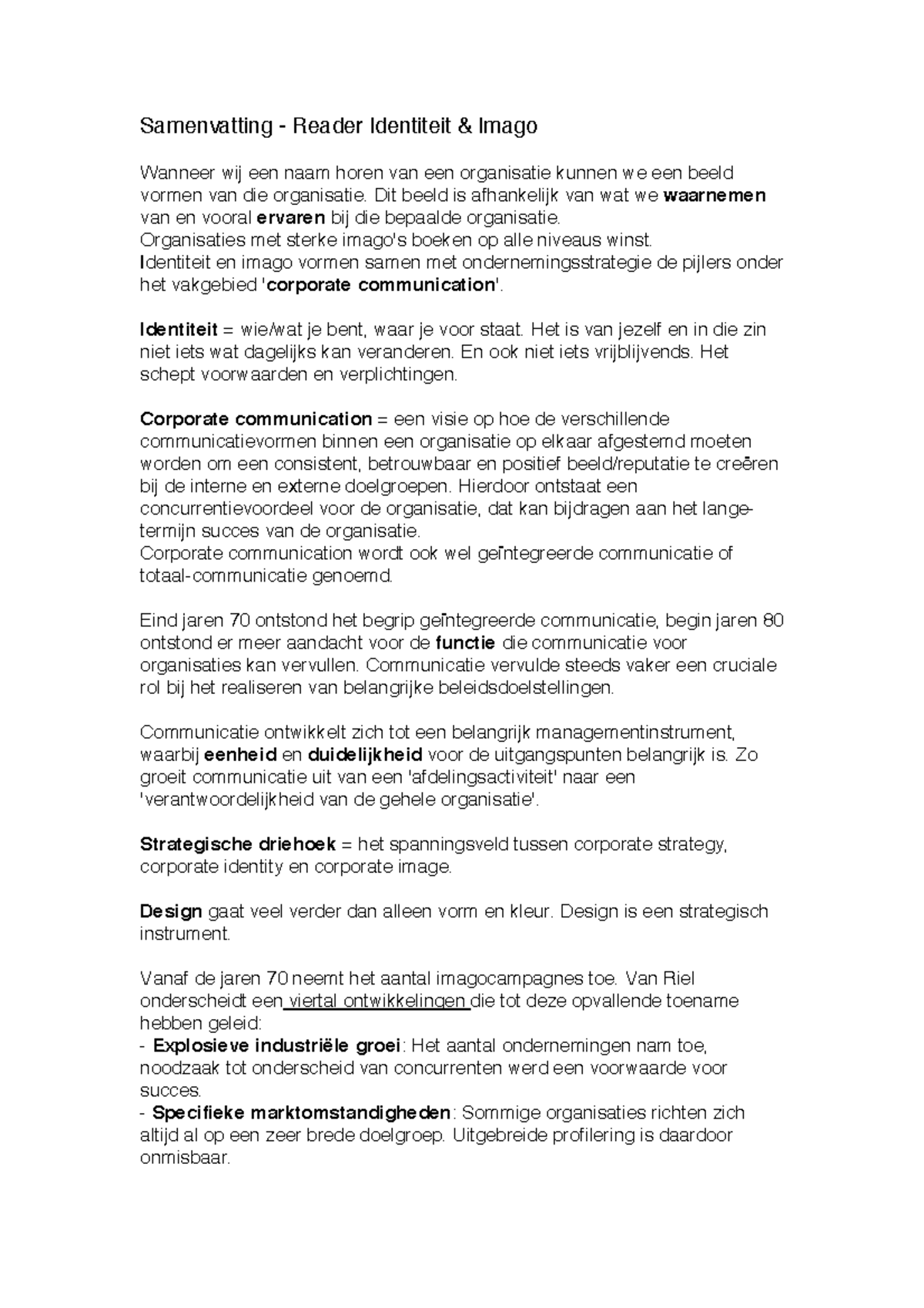 Samenvatting Reader - Identiteit & Imago in Corporate Communication ...