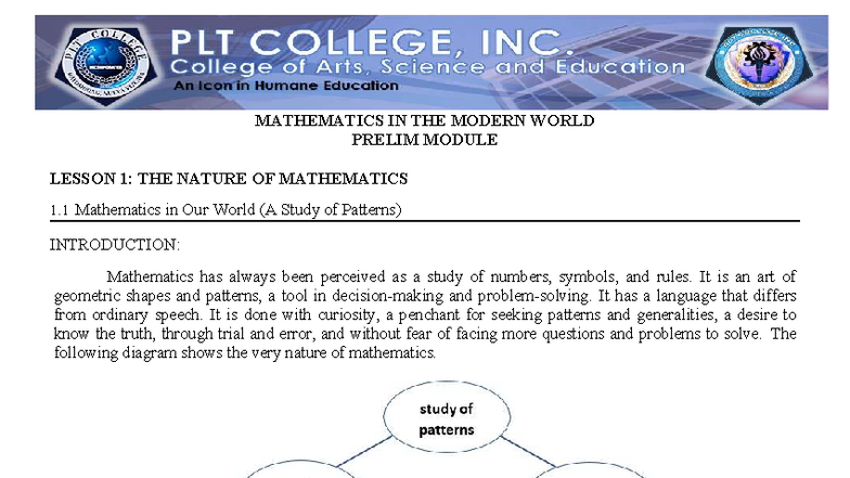 MATHEMATICS IN THE MODERN WORLD PRELIM MODULE 1: NATURE OF MATH - Studocu
