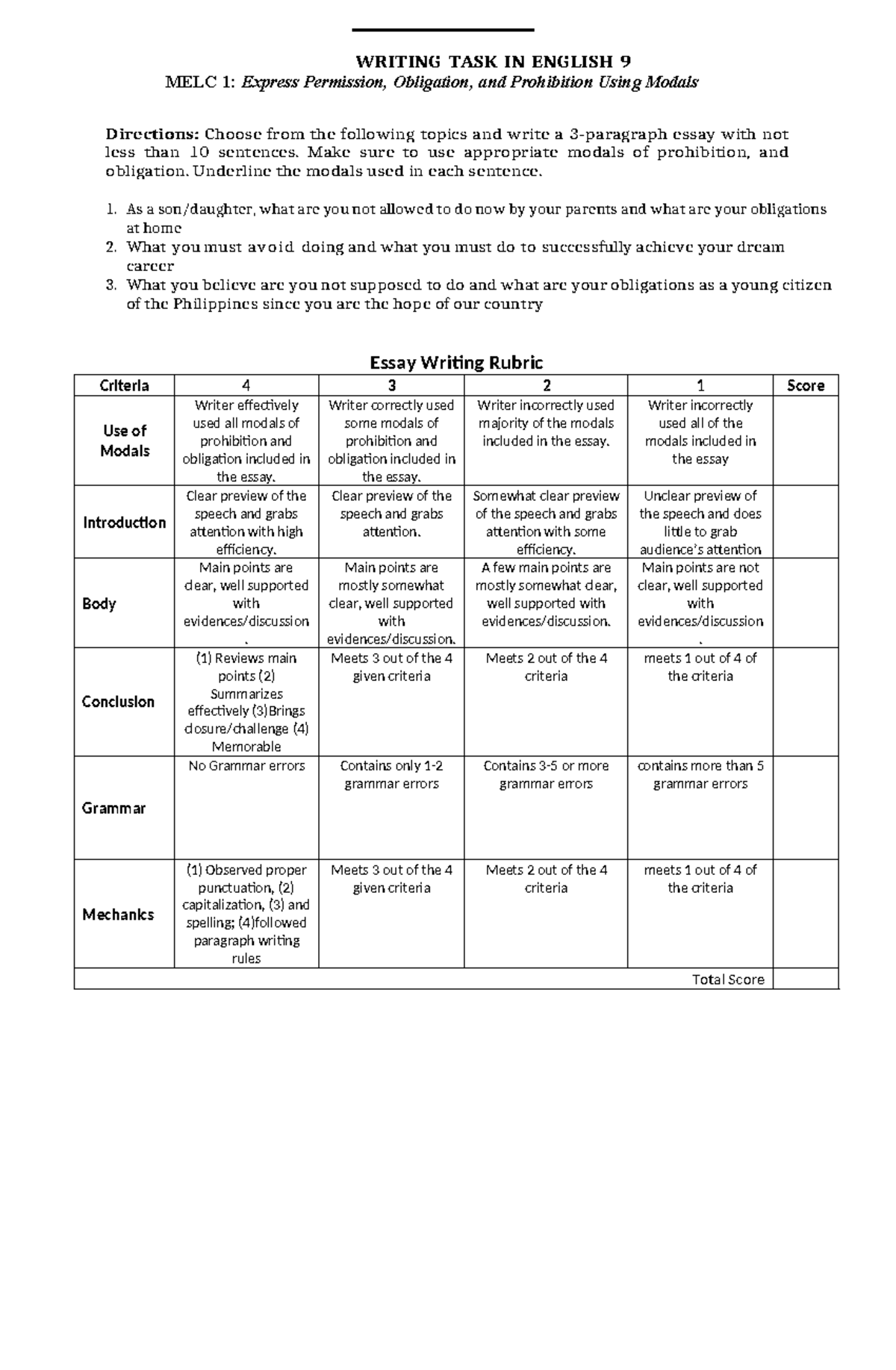 Performance Task 2: Modals of Prohibition and Obligation in Essay ...