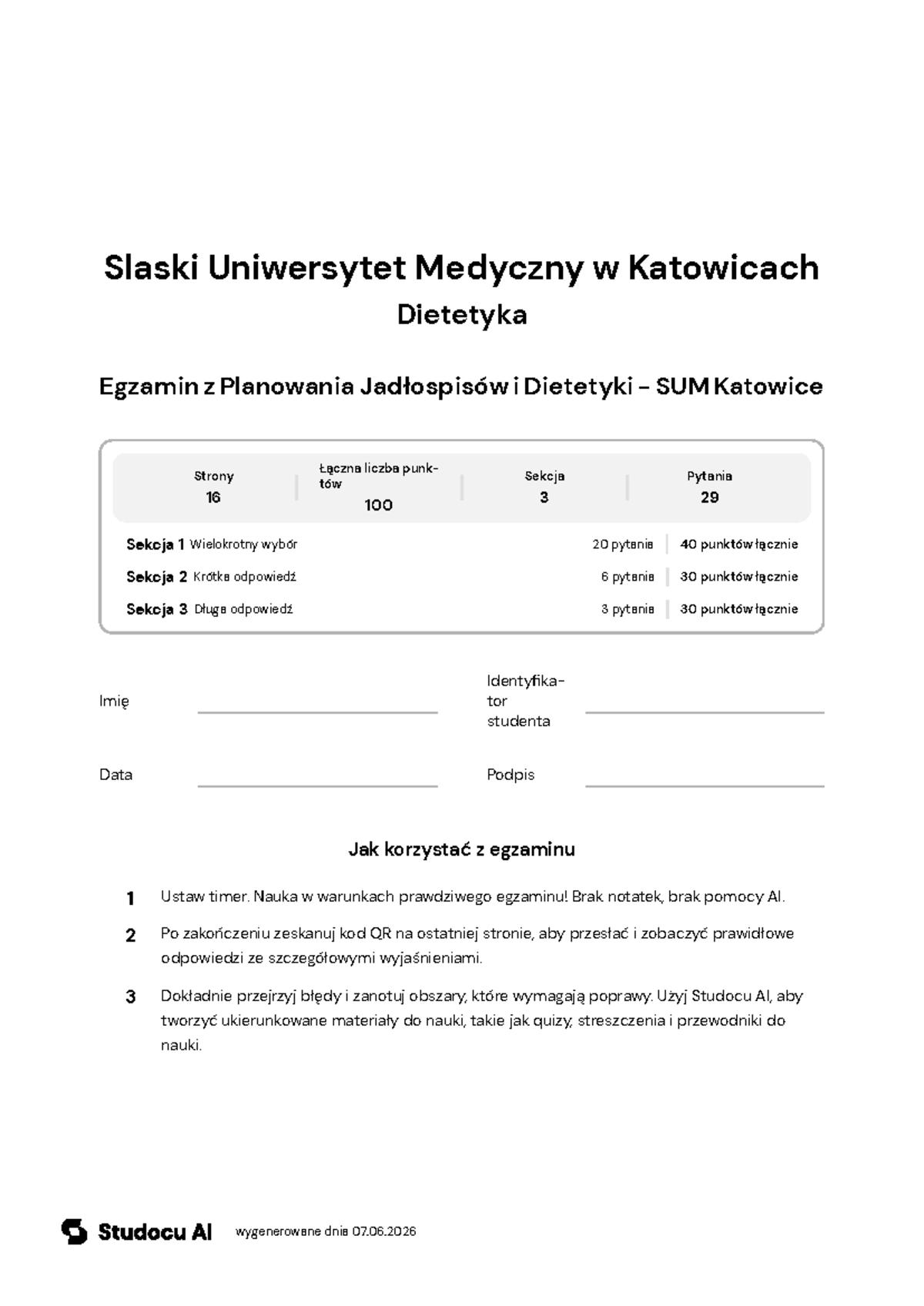 Egzamin z Dietetyki - SUM Katowice - Studocu