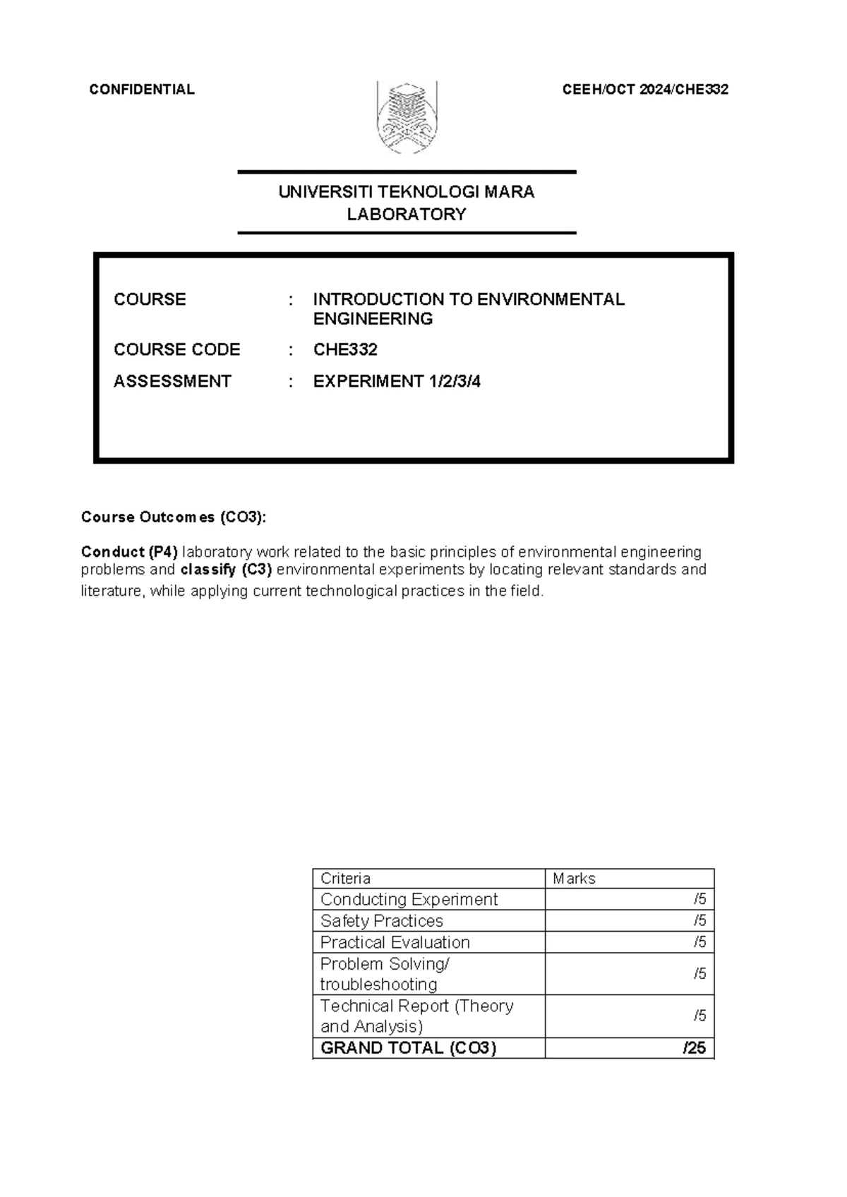 HIRARC Risk Assessment Report - CHE136 Environmental Lab - Studocu
