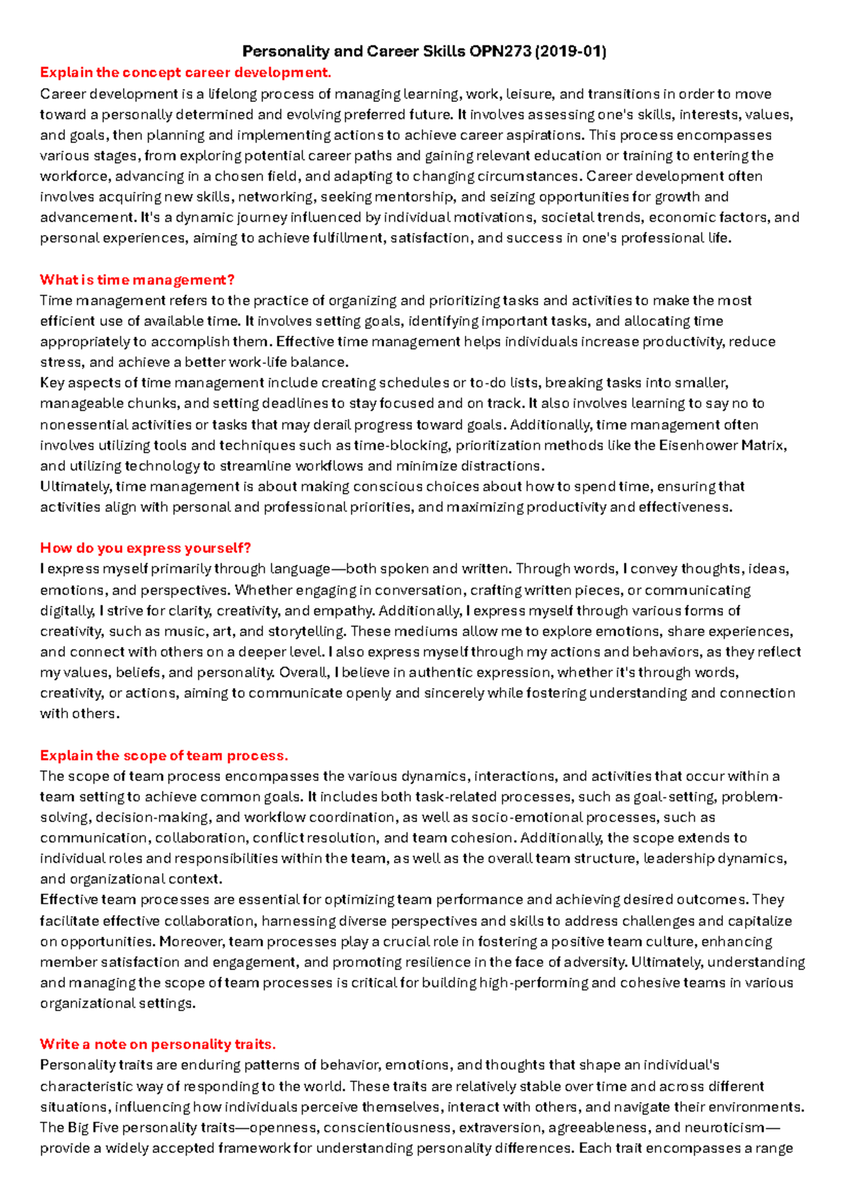 Personality and Career Skills OPN273: Understanding Development and ...