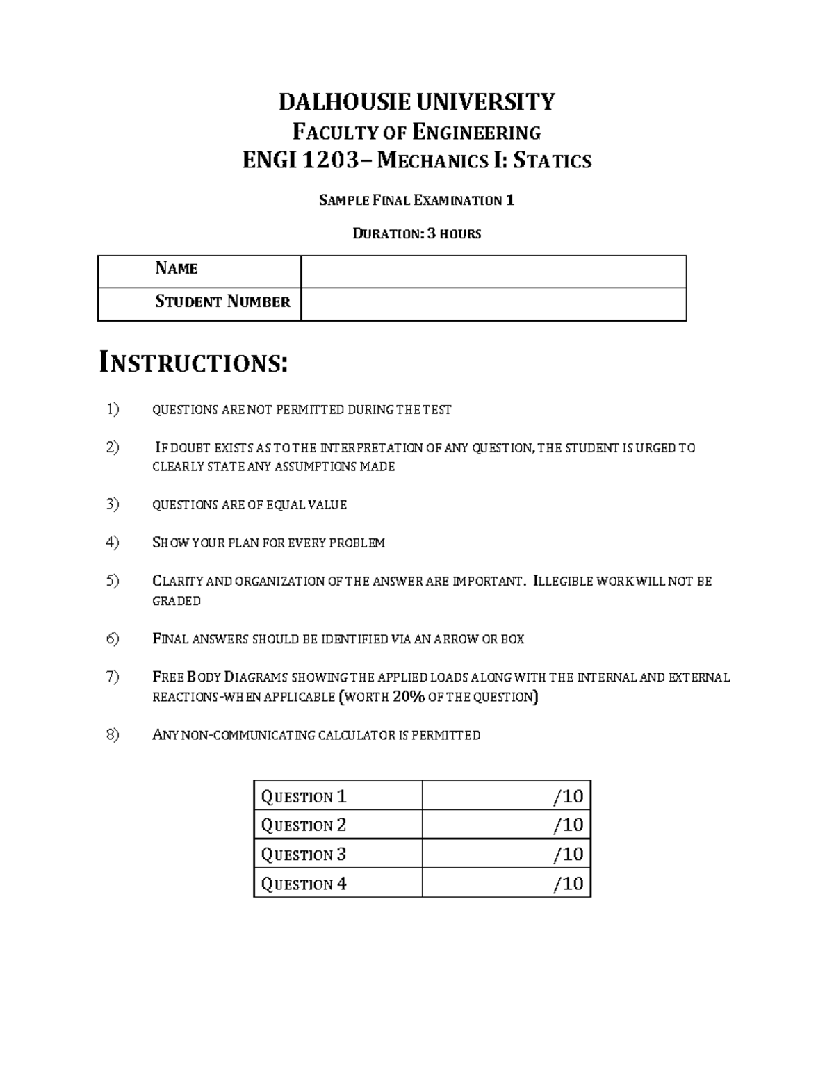 ENGI 1203 Mechanics I: Sample Final Exam Instructions & Questions - Studocu