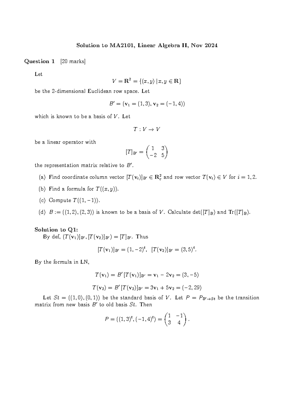 Solutions to MA2101 Linear Algebra II - Nov 2024 Exam - Studocu