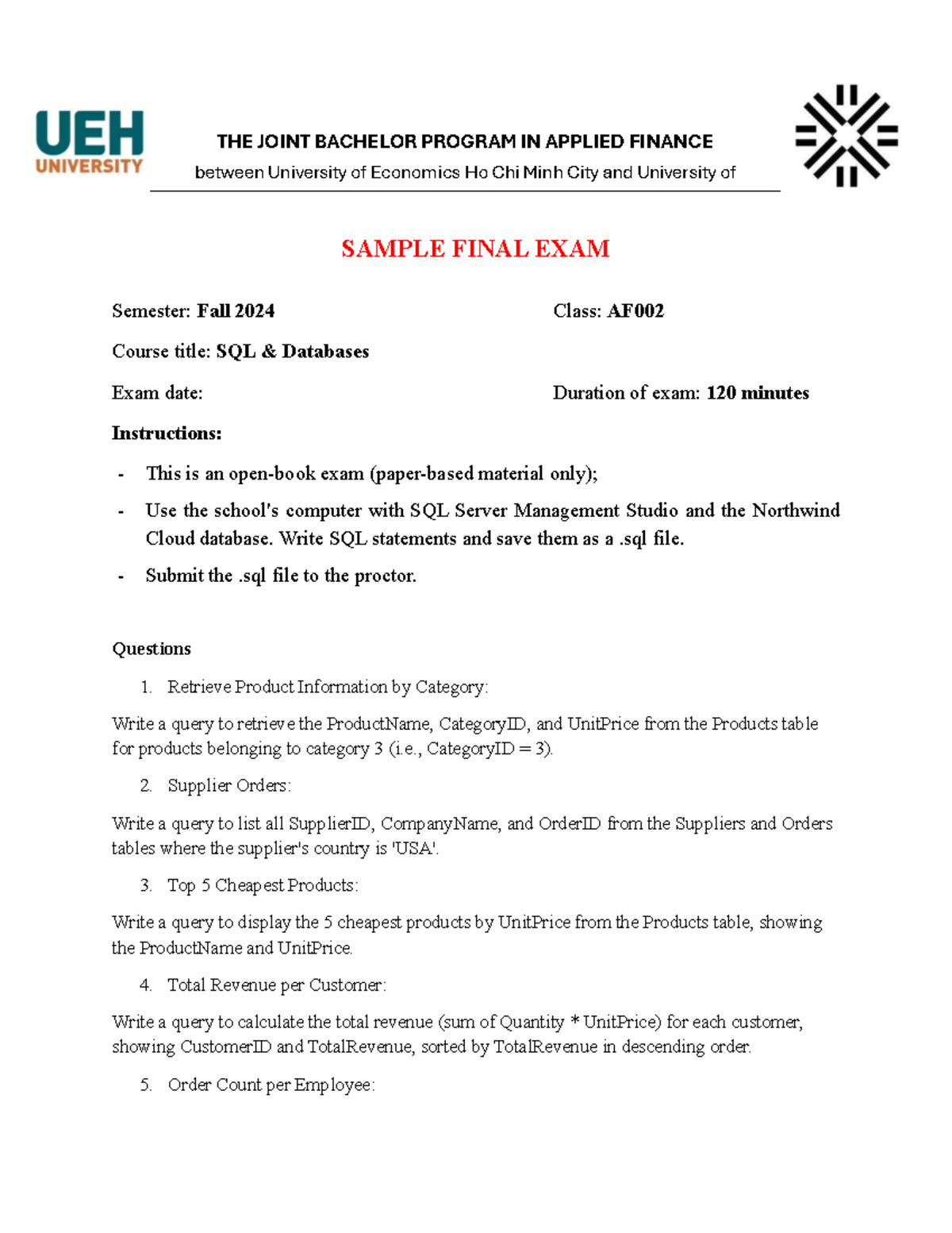 AF002 SQL Databases Final Exam - Fall 2024 - Studocu