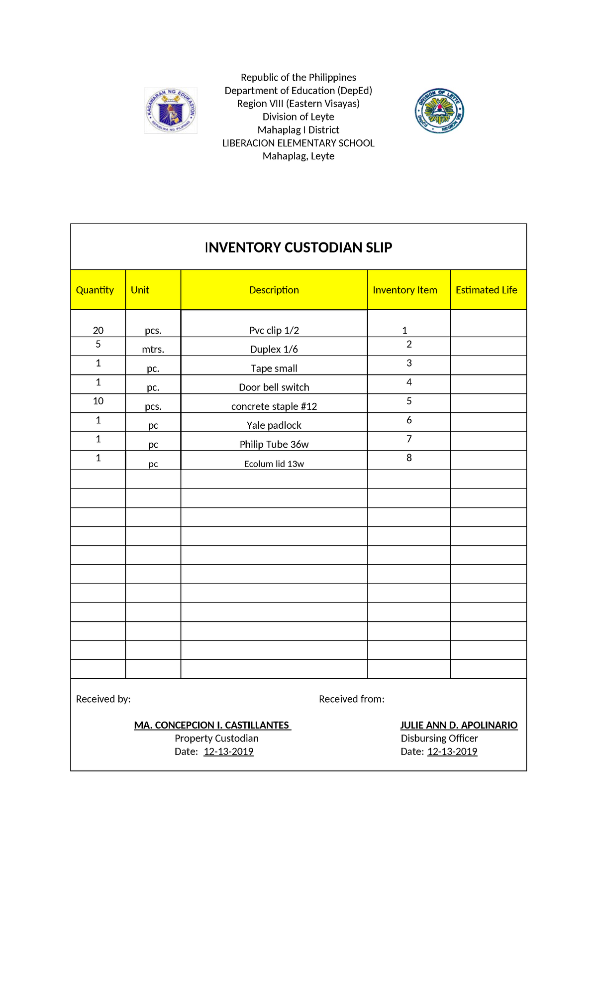 Inventory Custodian Slip for Libracion Elementary School - Studocu