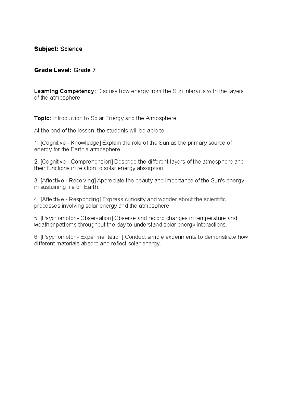 Learning Competency Week 3: Solar Energy & Atmosphere (Grade 7) - Studocu