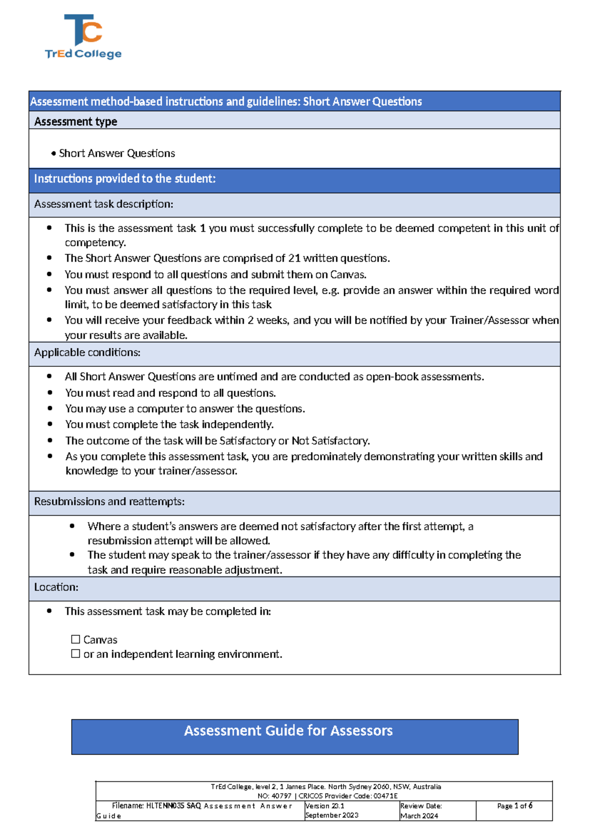 HLTENN035 - Short Answer Questions Assessment Guidelines and ...
