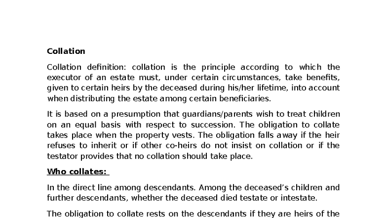 Collation Notes for Estate Distribution (Course Code: COL 2025) - Studocu