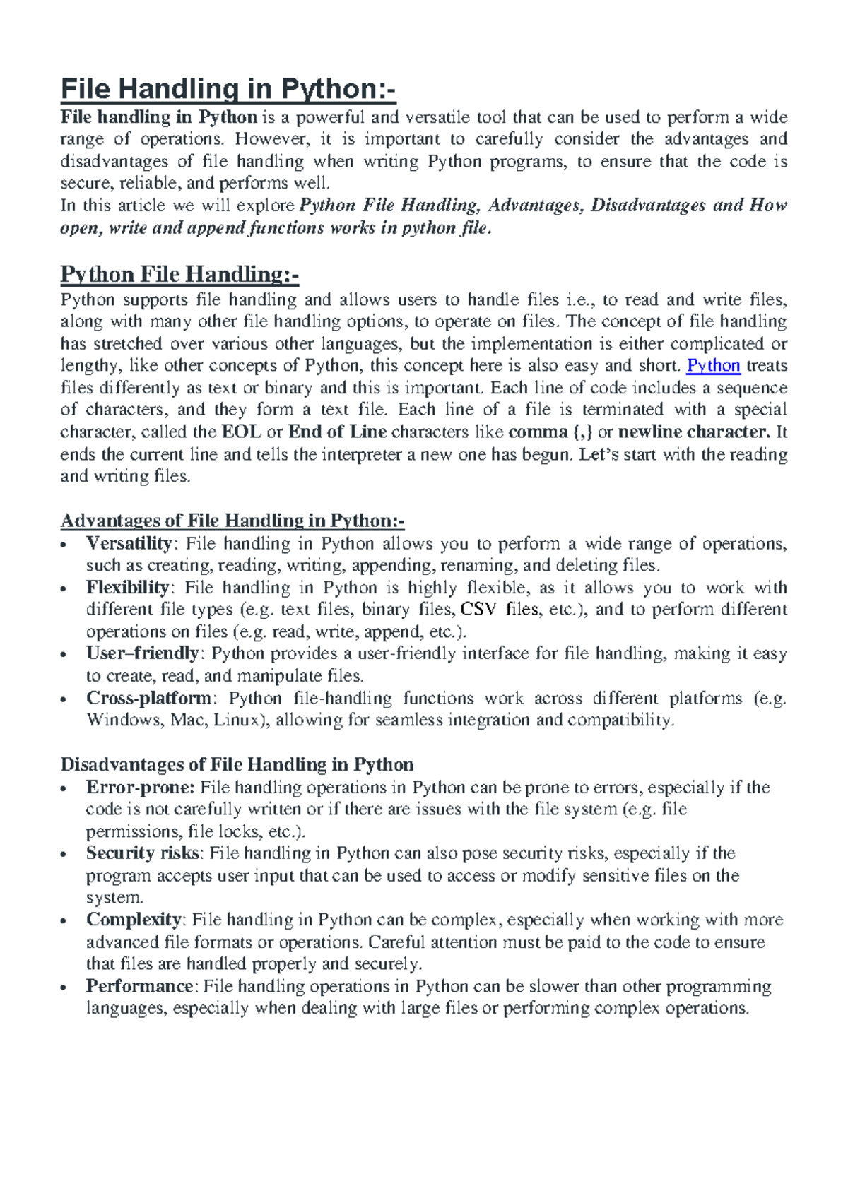 Python File Handling: Advantages, Disadvantages, and Operations - Studocu
