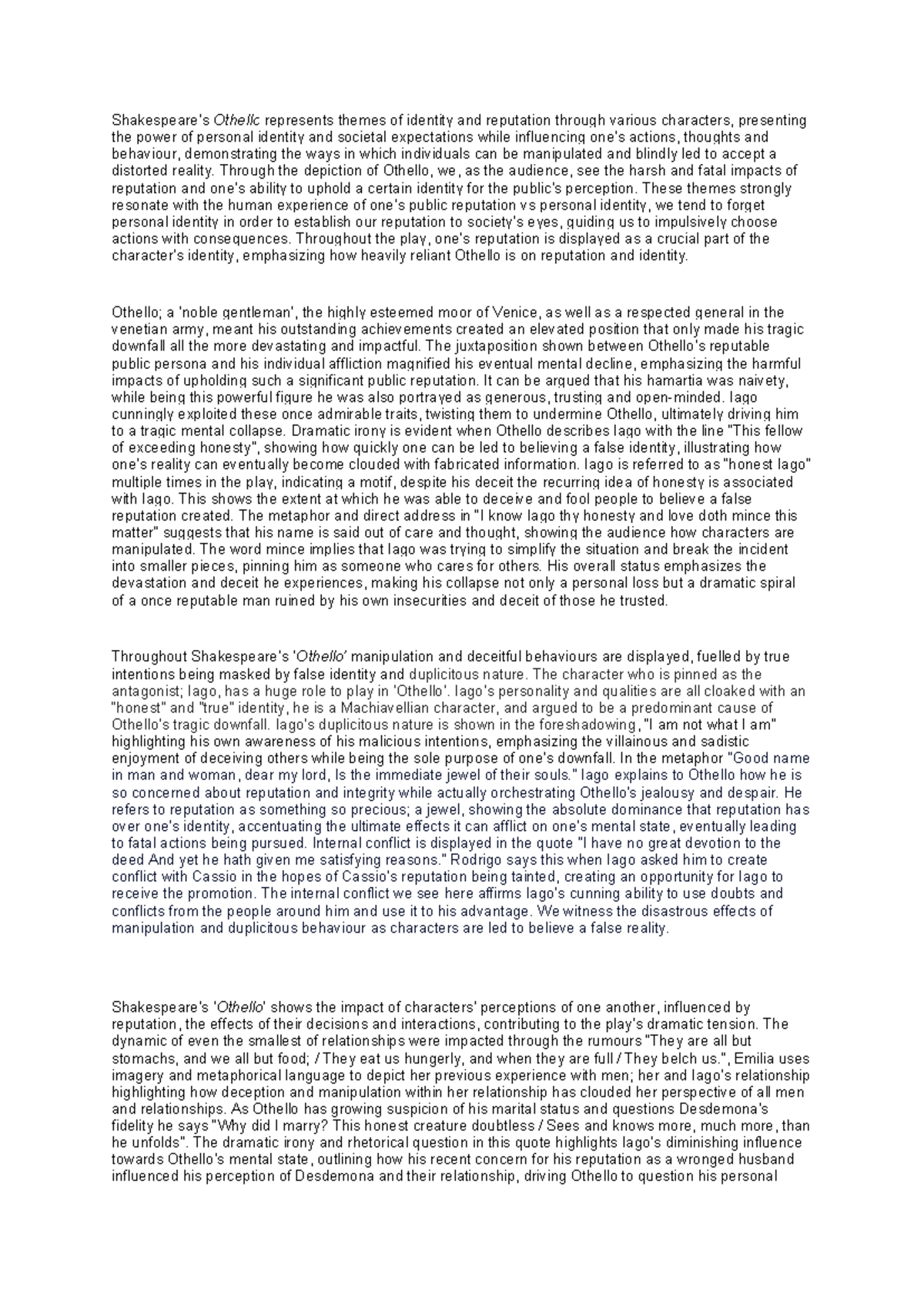 Othello Essay: Exploring Identity and Reputation in Shakespeare's ...