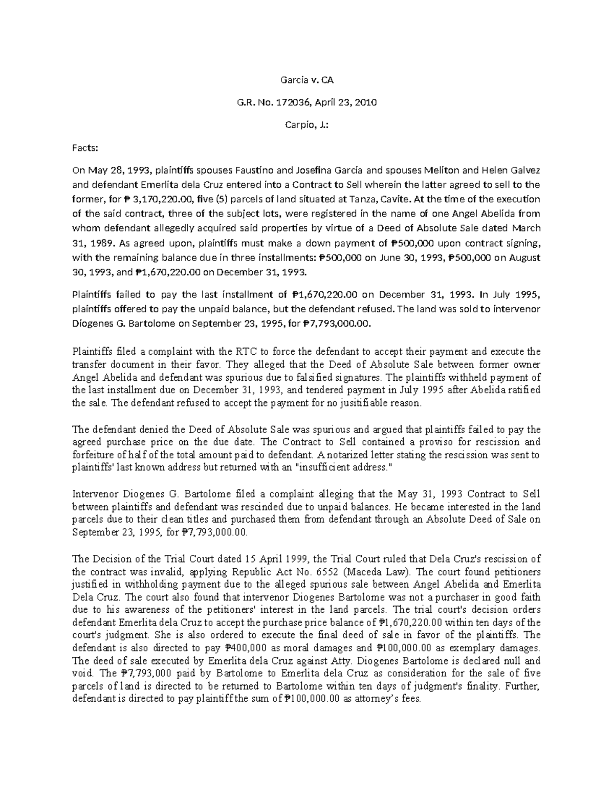 Garcia v. CA Case Digest: Analysis of Contractual Obligations and ...