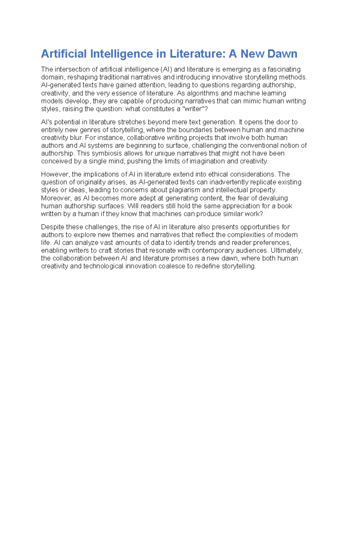 Artificial Intelligence in Literature - AI-generated texts have gained ...