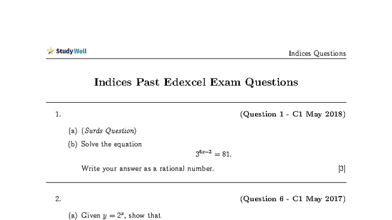 Indices Past Edexcel Exam Questions (C1) - Studocu