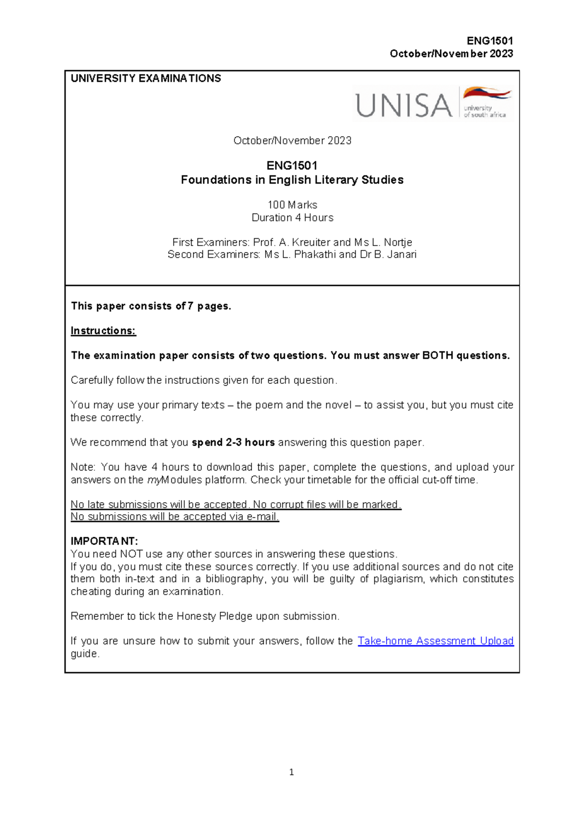 ENG1501 Oct 2023 Final Exam: Foundations in English Literary Studies ...