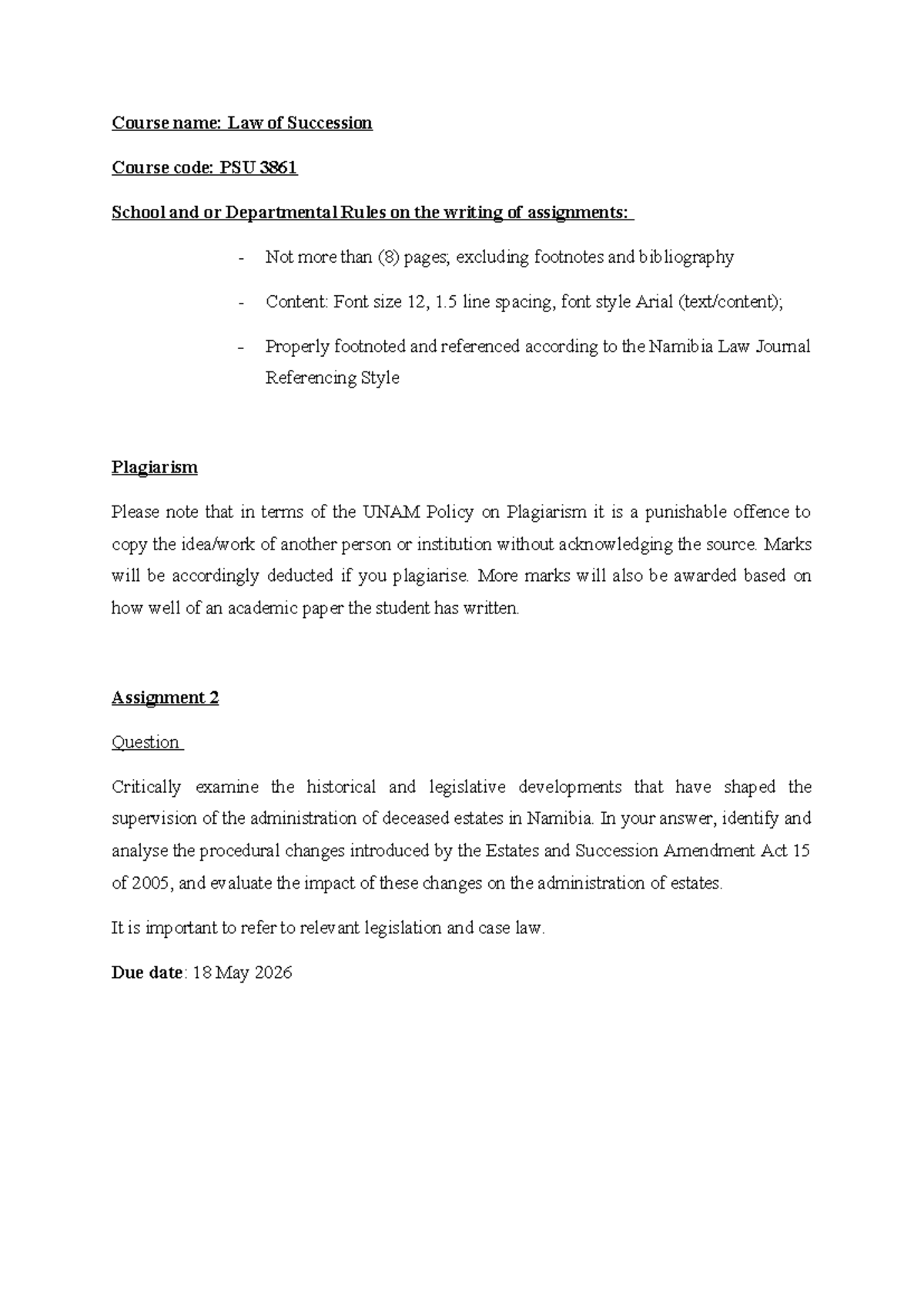 PSU 3861 Law of Succession Assignment 2: Admin of Deceased Estates ...