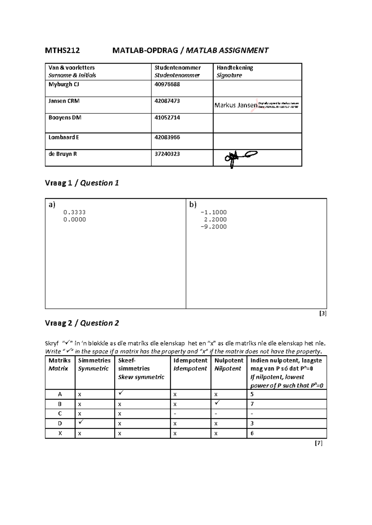MTHS212 MATLAB ASSIGNMENT: Matrix Properties and Calculations - Studocu