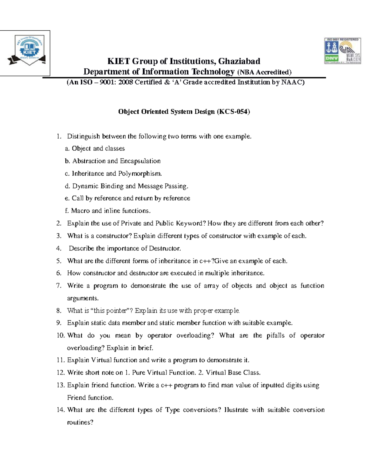 Question Bank OOSD - KIET Group of Institutions, Ghaziabad Department of Information Technology ...