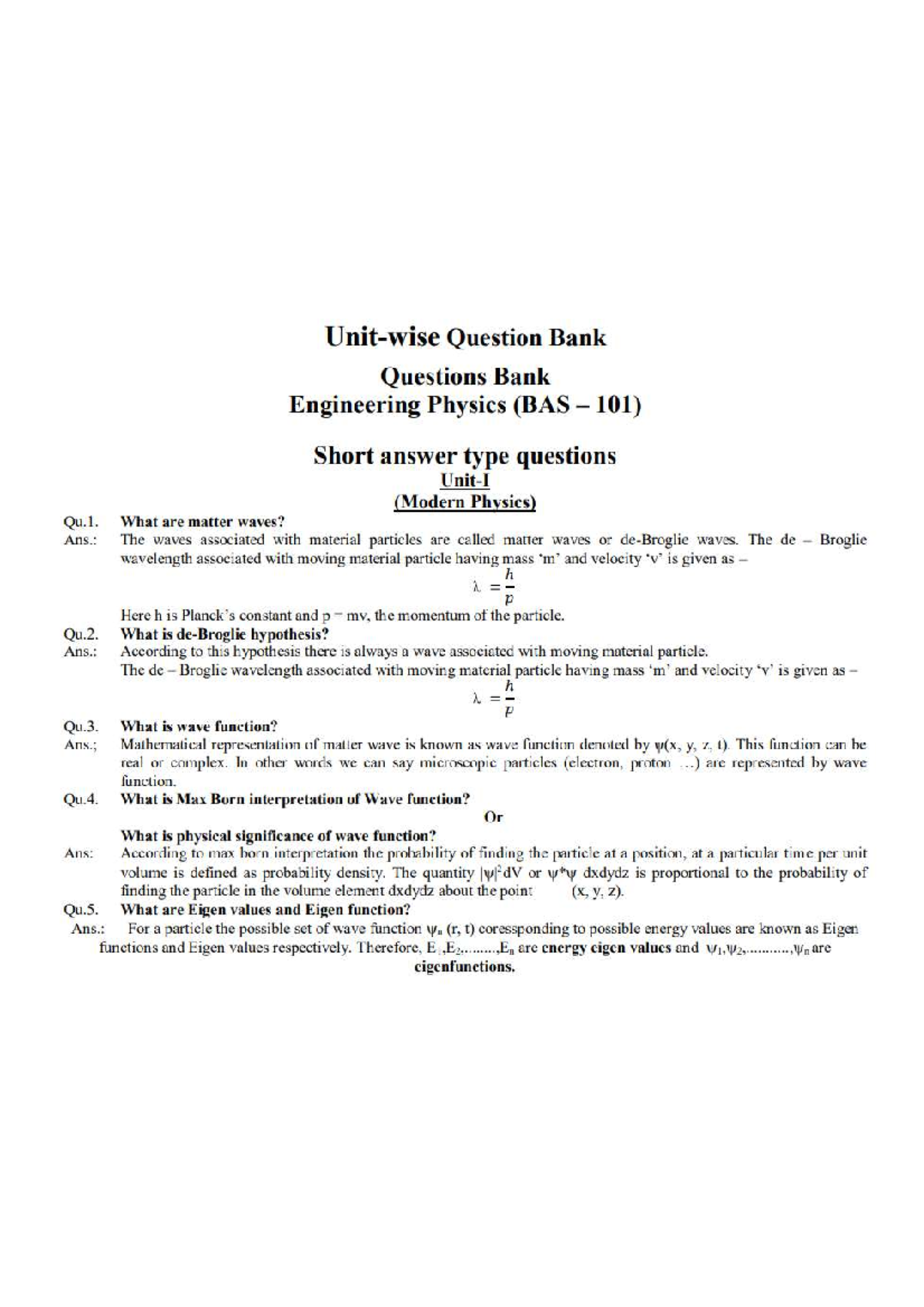 Physics Question Bank (BAS 101) - Short Answer Questions on Modern ...
