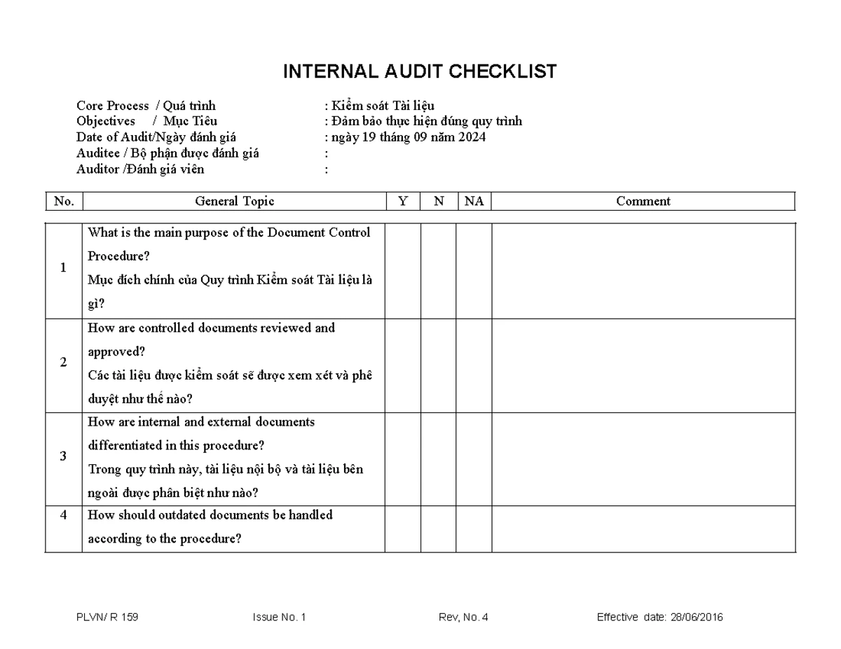 Internal Audit Checklist for Record Control Procedure - Group 1 - Studocu
