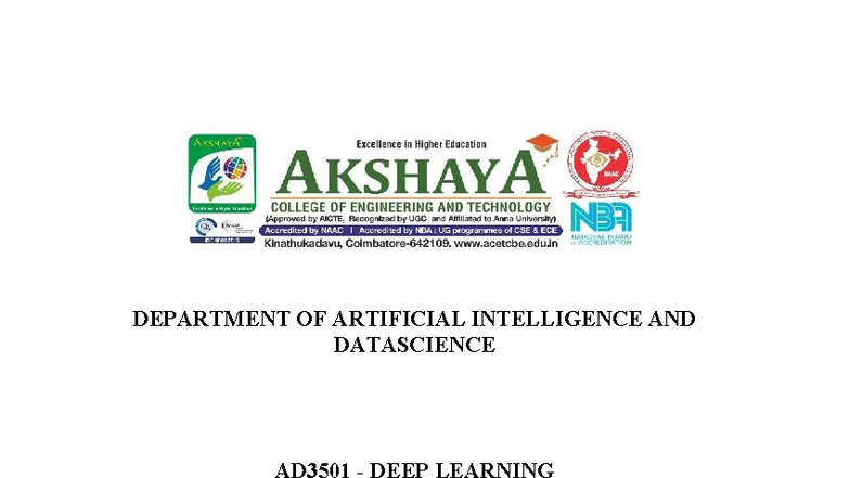 Question Bank for Deep Learning AD3501 - B.E. CSE 2025 - Studocu