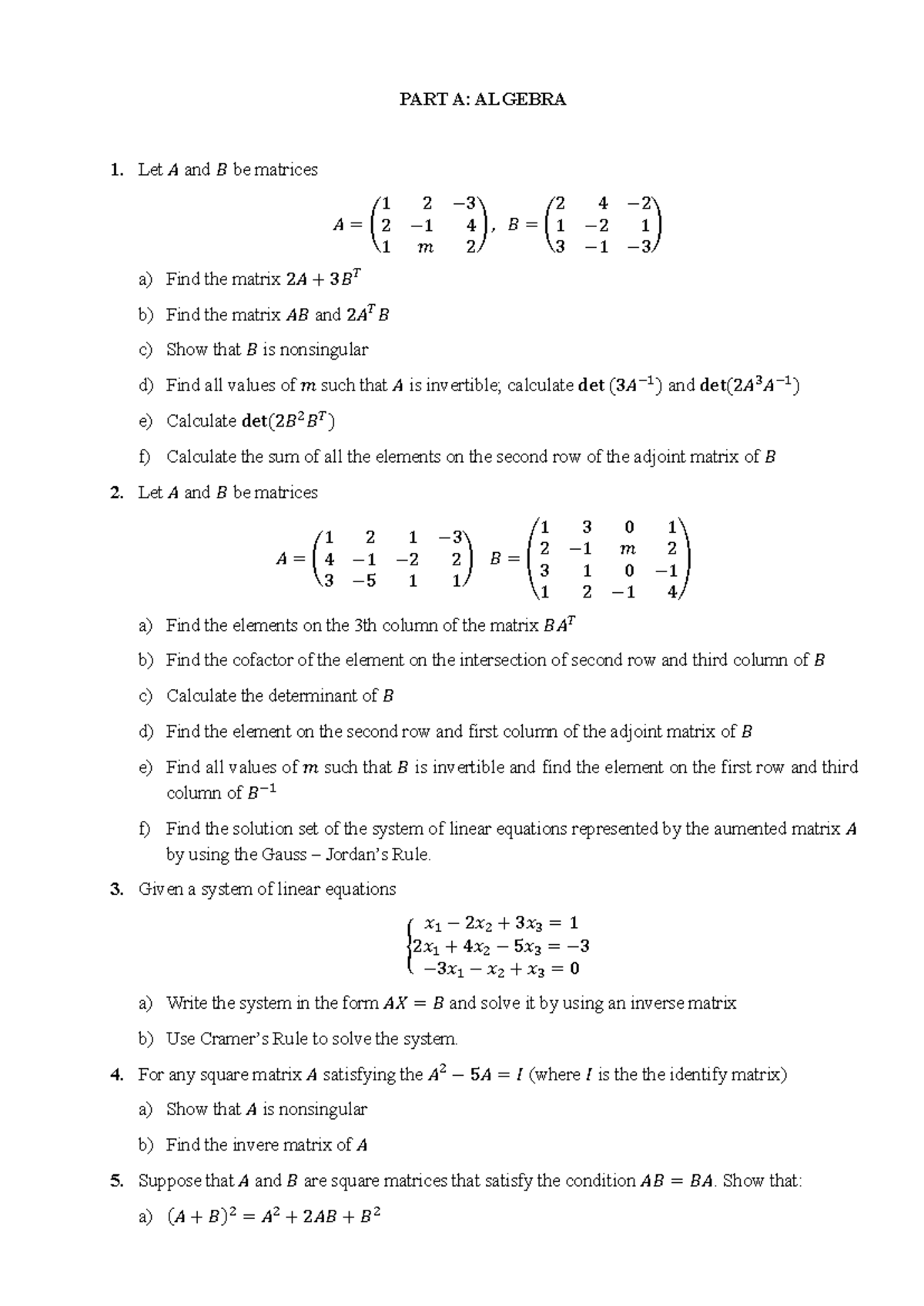 Exercises on Matrices and Determinants - Algebra 1 (MATH101) - Studocu