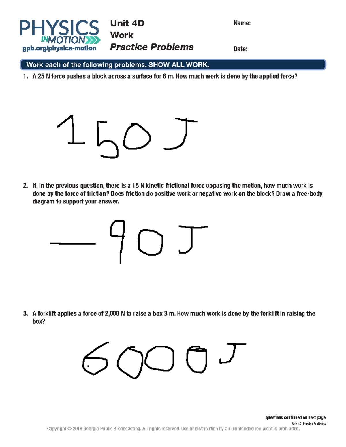 Unit 4D Work Practice Problems: Force and Work Calculations - Studocu
