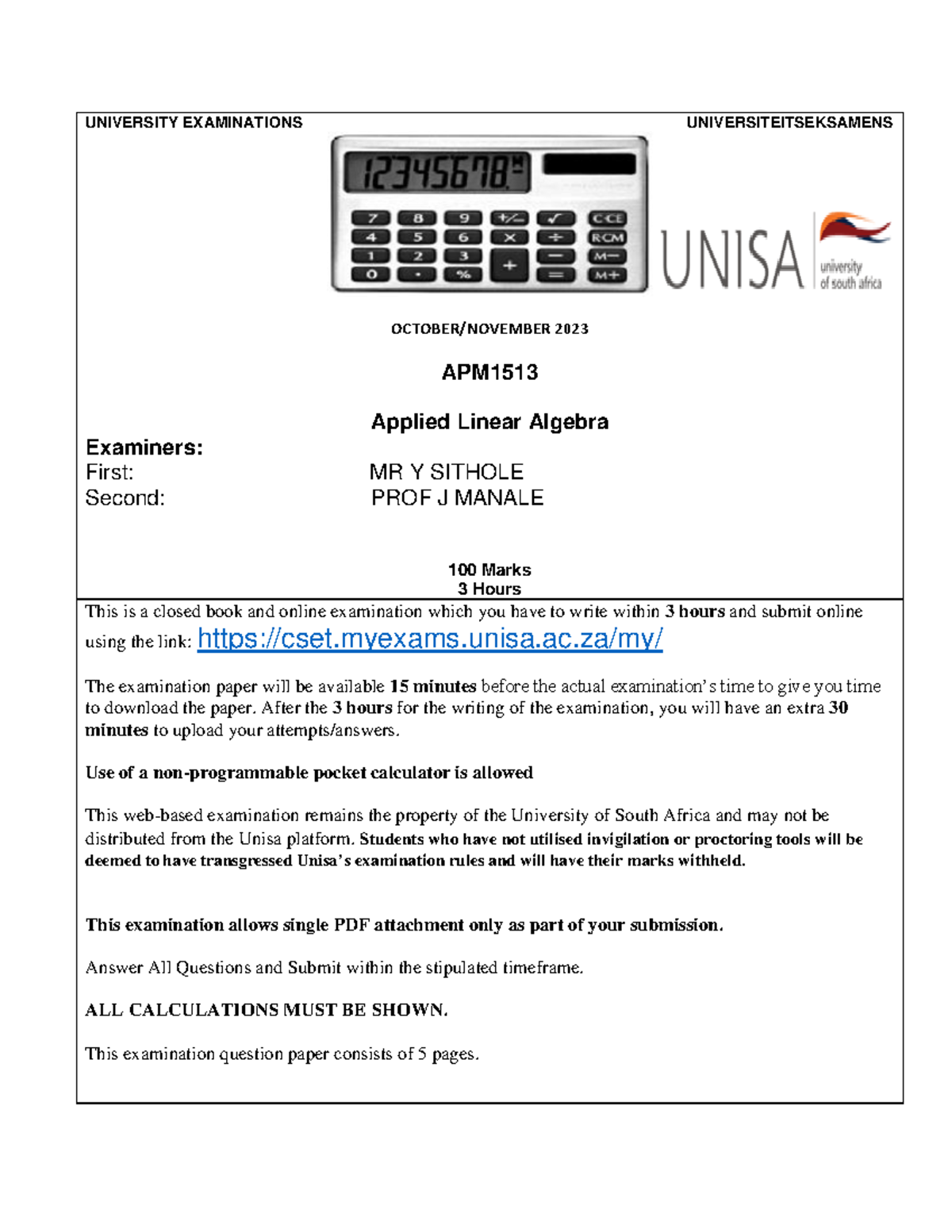 APM1513 OCT 2023 - Applied Linear Algebra Exam Question Paper - Studocu