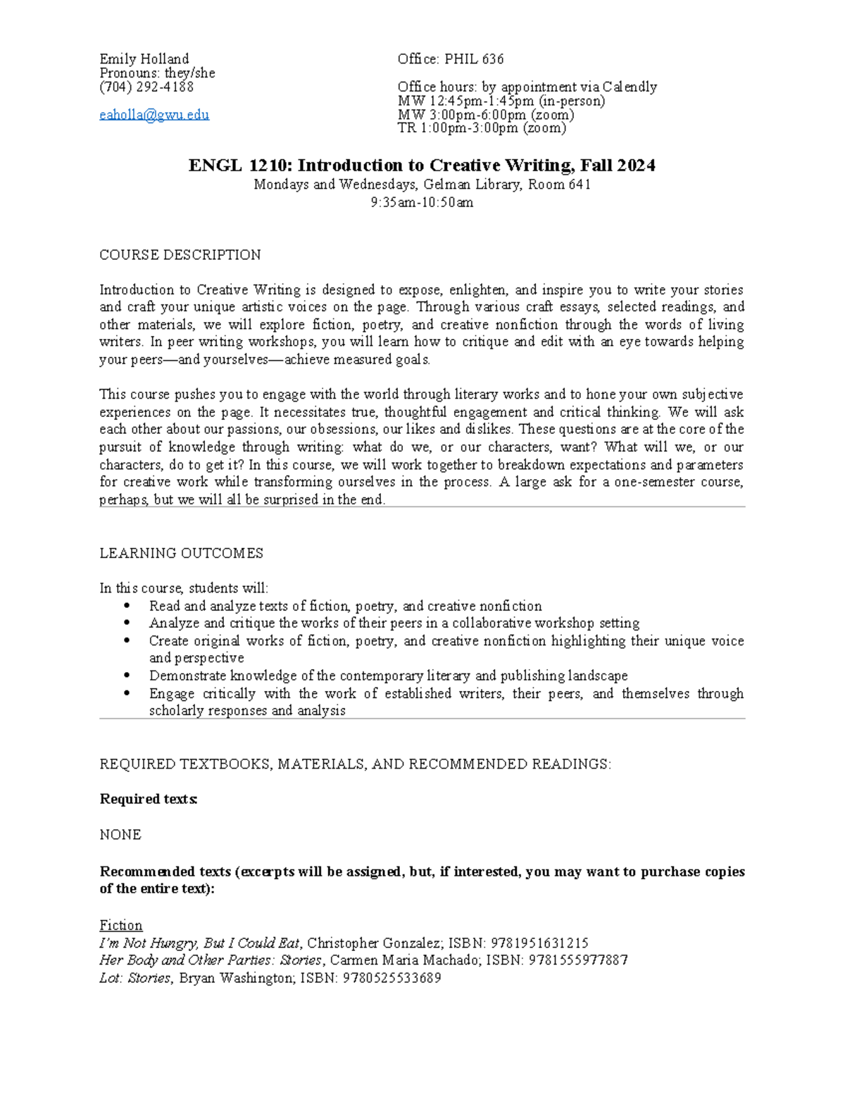 ENGL 1210 Fall 2024 Introduction to Creative Writing Syllabus - Studocu