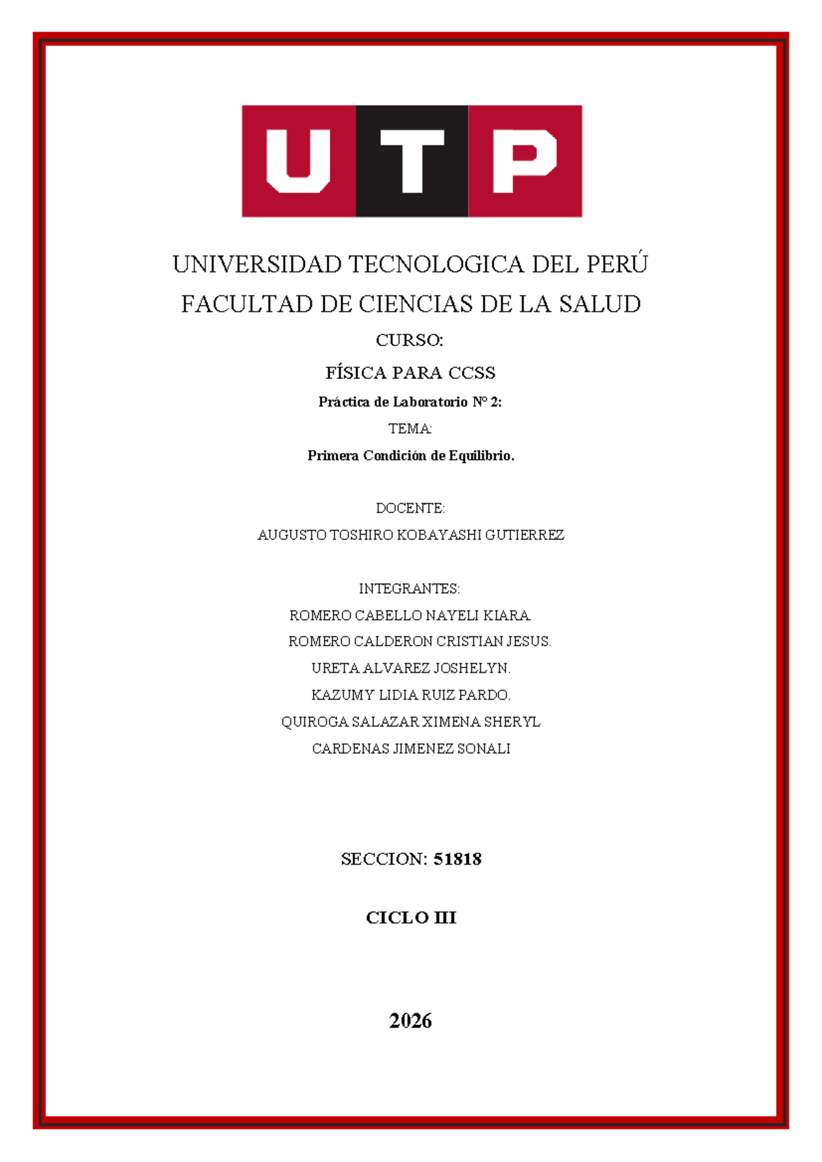 Informe de Práctica de Laboratorio 2: Primera Condición de Equilibrio ...