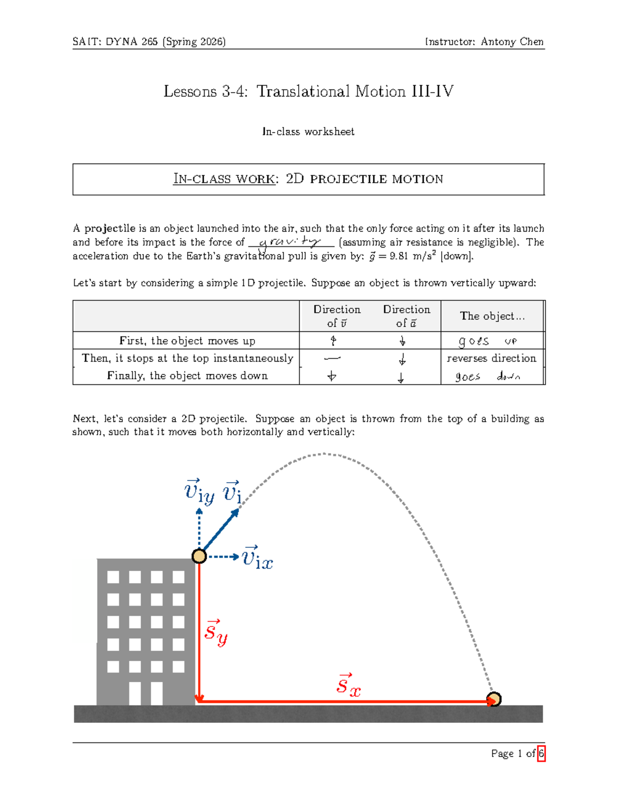 SAIT: DYNA 265 (Spring 2026) 2D Projectile Motion Worksheet - Studocu