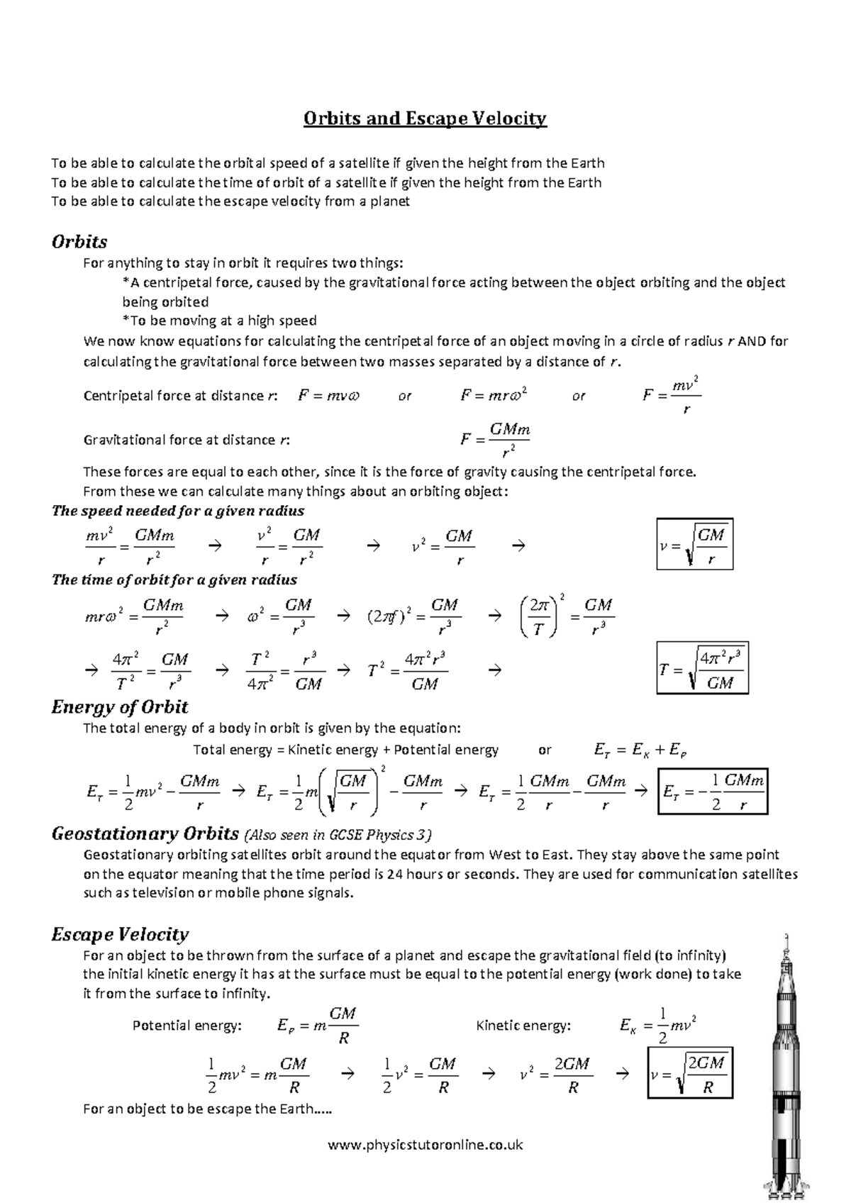 Orbits and Escape Velocity Notes for Physics 101 - Studocu