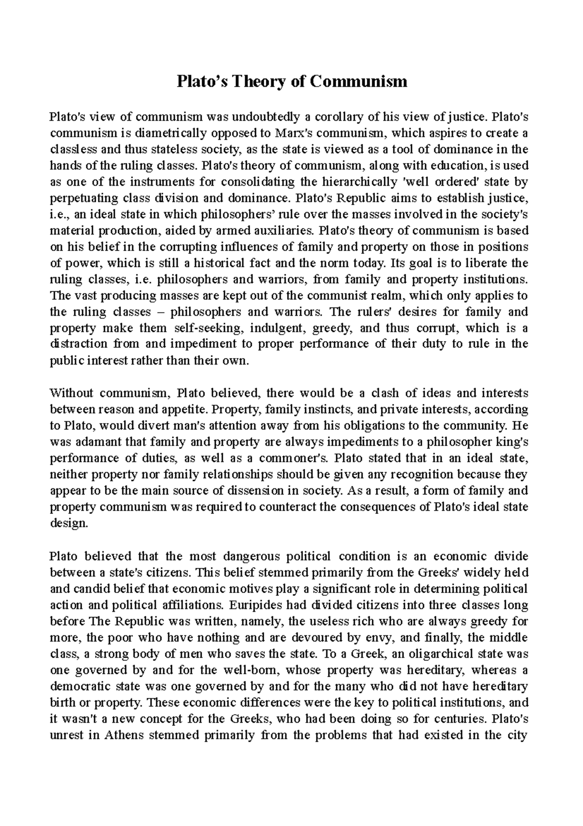 Plato’s Theory of Communism: Justice, State Unity, and Class Dynamics ...