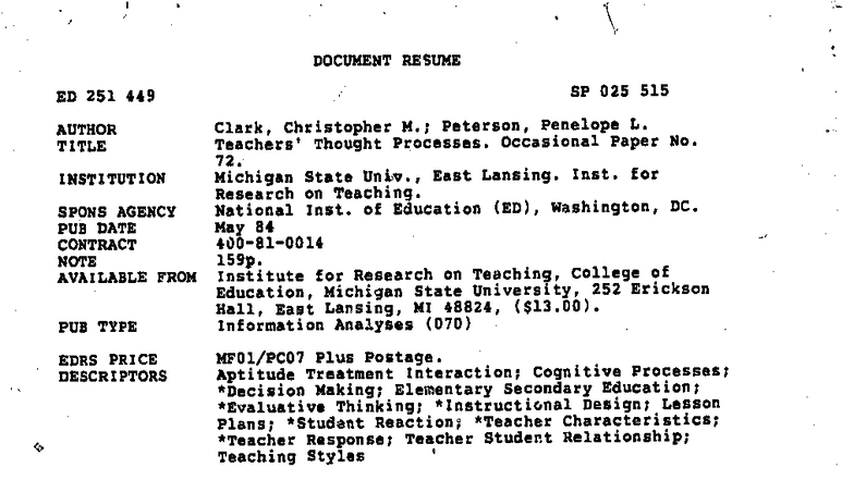 Teachers' Thought Processes: A Review of Research Literature ...