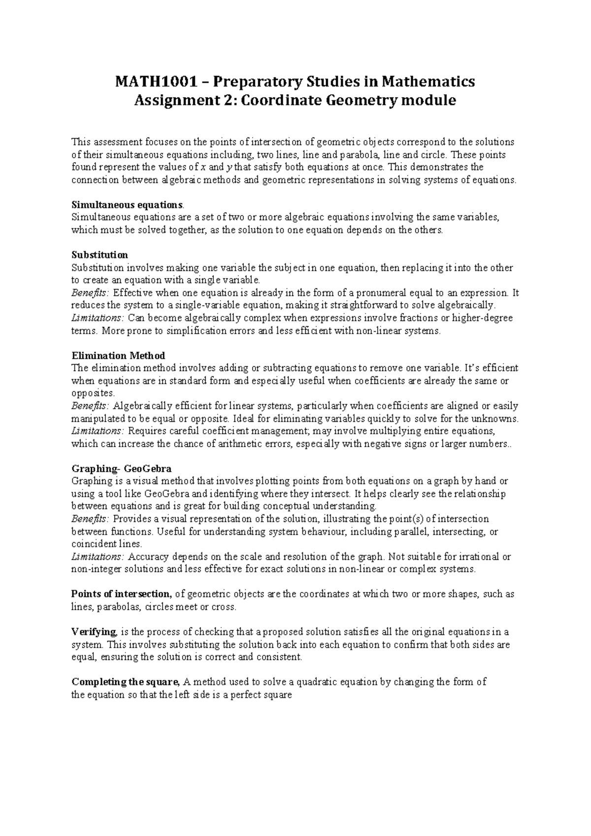MATH1001 Assignment 2: Coordinate Geometry & Intersection Methods - Studocu