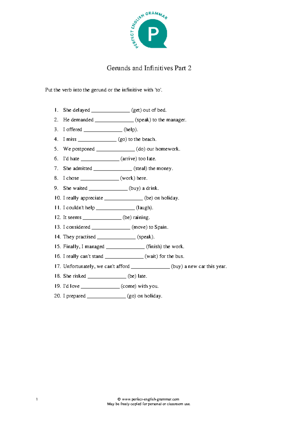 Gerunds and Infinitives Practice Exercises (Part 2) - Studocu