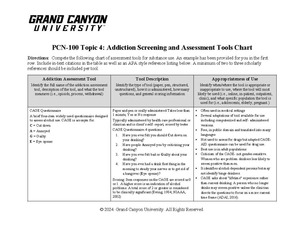 PCN-100-RS-T4Addiction Screening Assessment Tool Chart (1) - PCN-100 ...