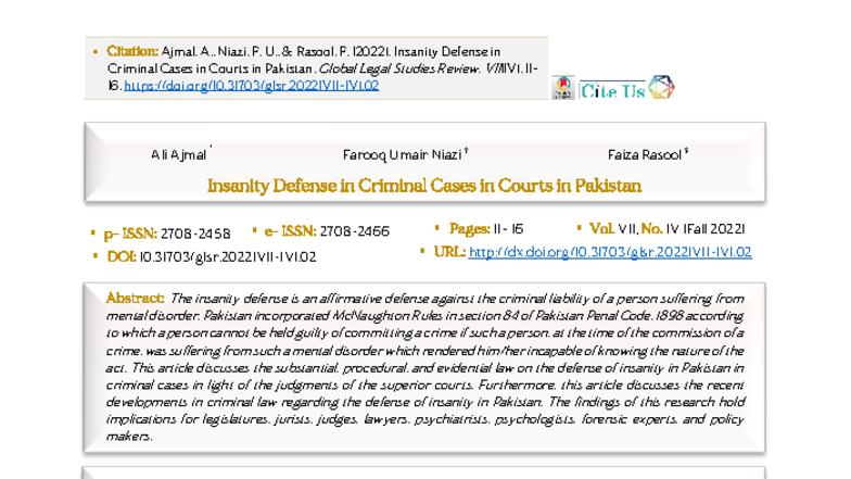 Insanity Defense in Criminal Law: Insights from Pakistan's PPC 1898 ...