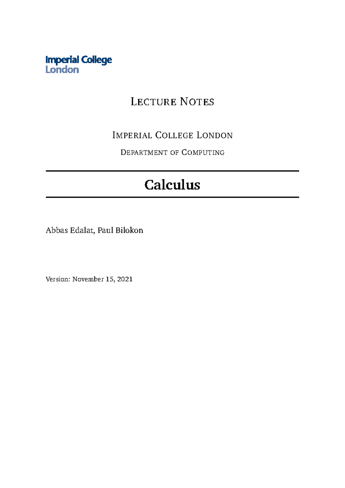 Calculus - LECTURE NOTES IMPERIAL COLLEGE LONDON DEPARTMENT OF ...