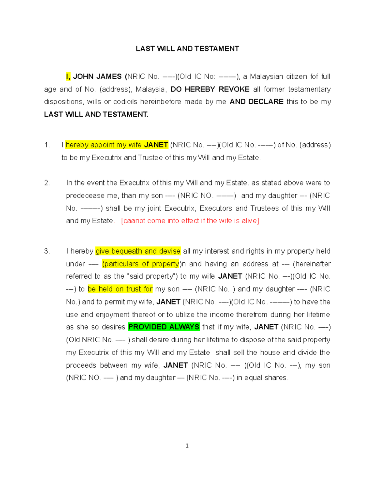 Sample Will I-2: Last Will and Testament Drafting Example - Studocu