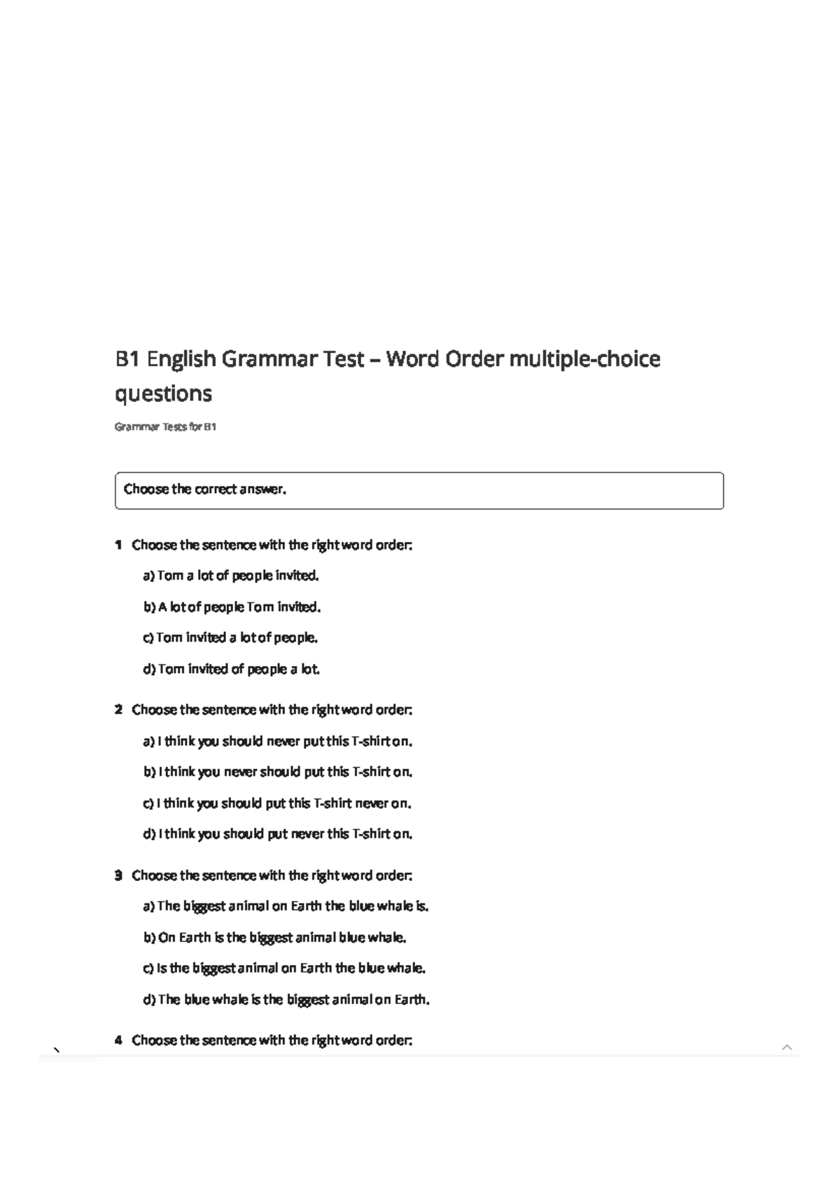 B1 English Grammar Test - Word Order MCQs for English Practice - Studocu