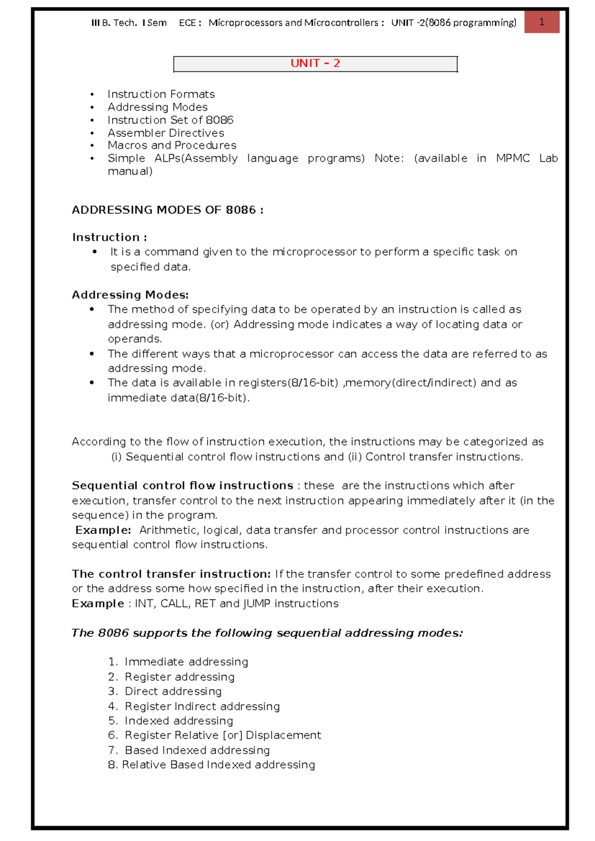 B. Tech. I Sem ECE: Microprocessors & Microcontrollers - UNIT 2 ...