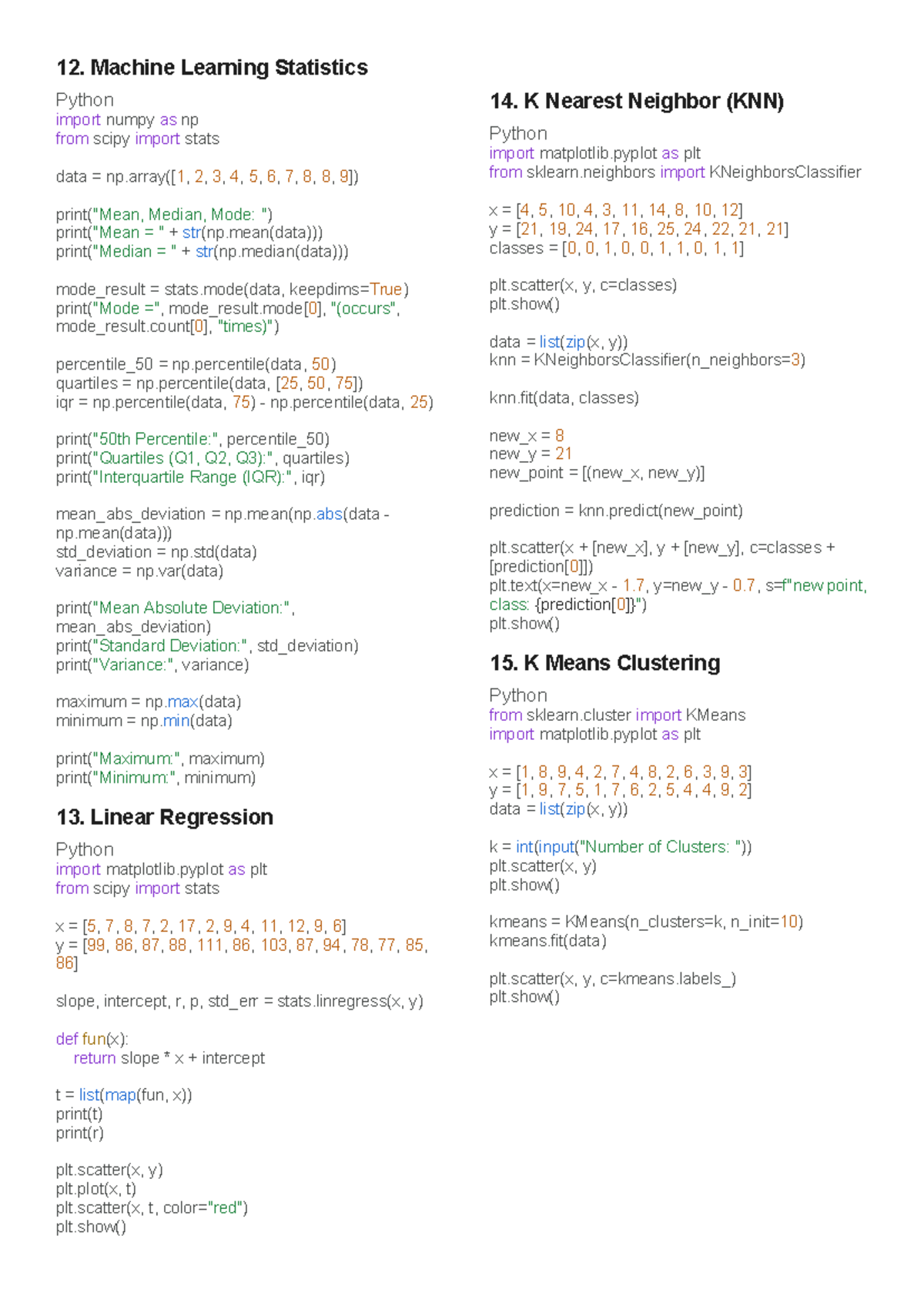 Machine Learning Techniques in Python: KNN, Regression, Clustering - Studocu