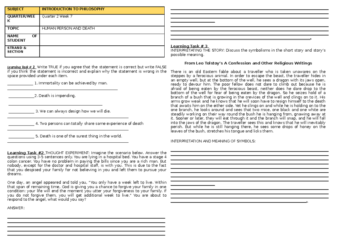 Intro to Philo Task sheet Week 7 and 8 Qtr - SUBJECT INTRODUCTION TO ...