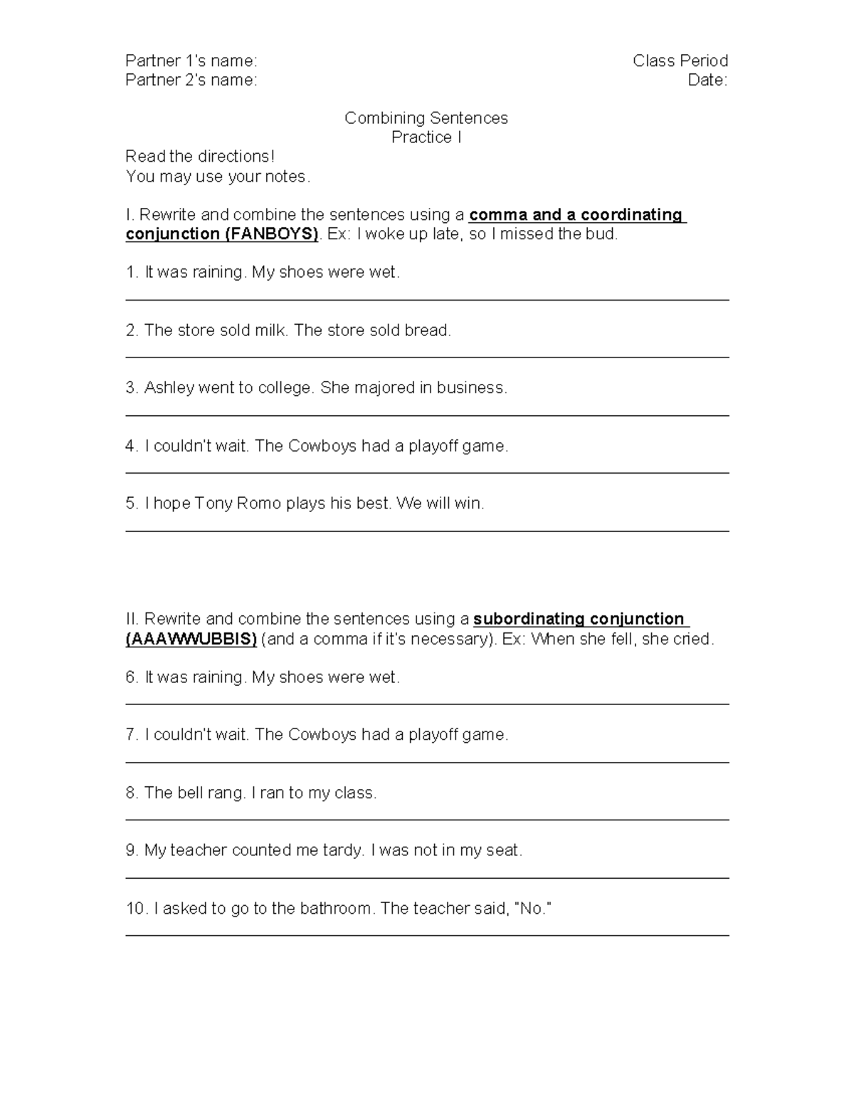 Combining Sentences Practice I - Class Period Date - Studocu