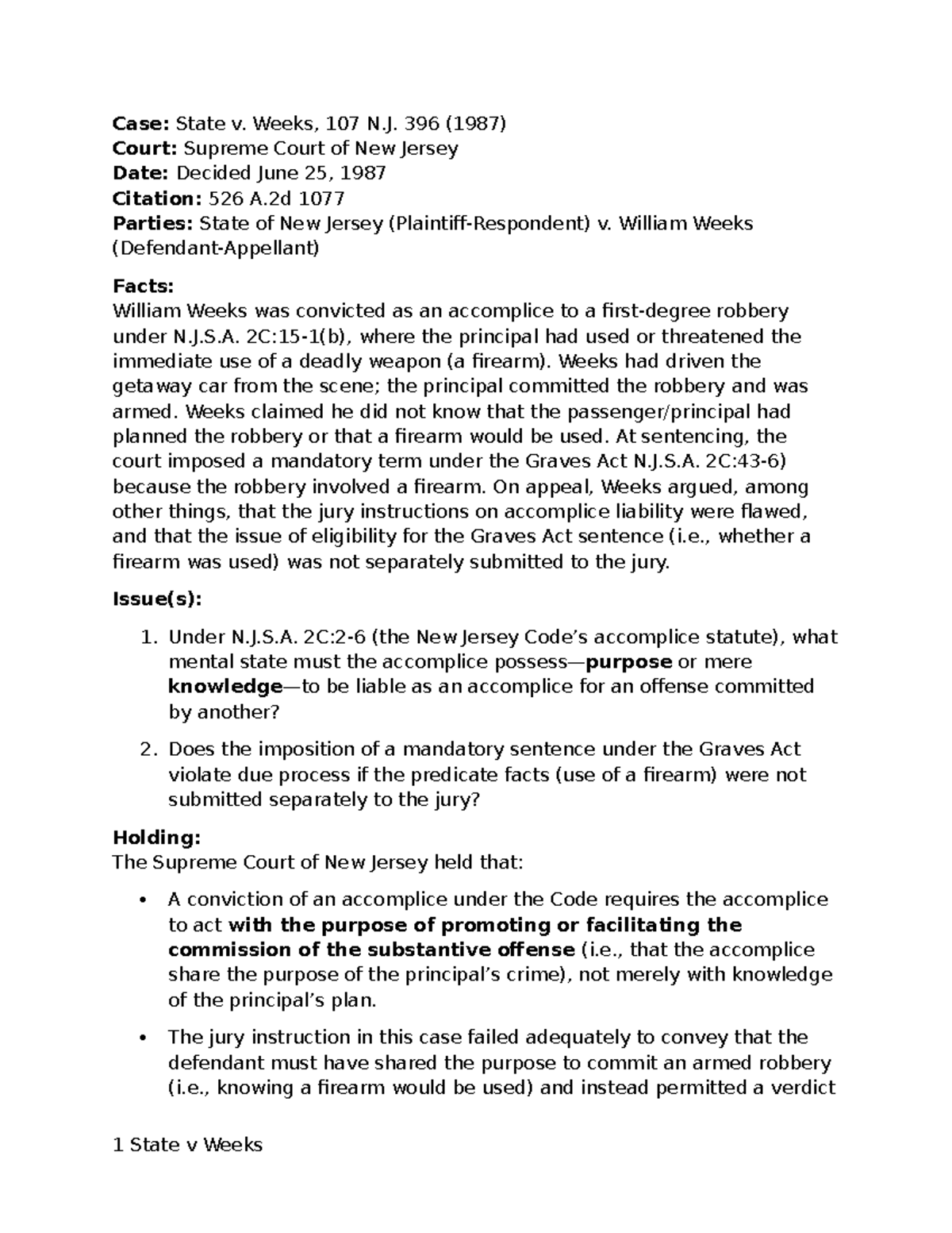 Criminal Case Brief: State v. Weeks, 107 N.J. 396 (1987) - Studocu