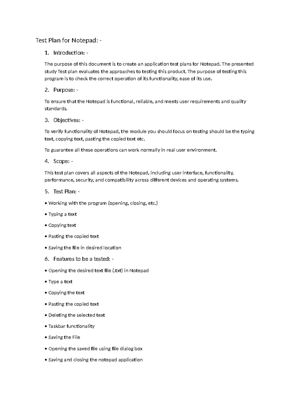 Test Plan for Notepad - Introduction: - The purpose of this document is ...