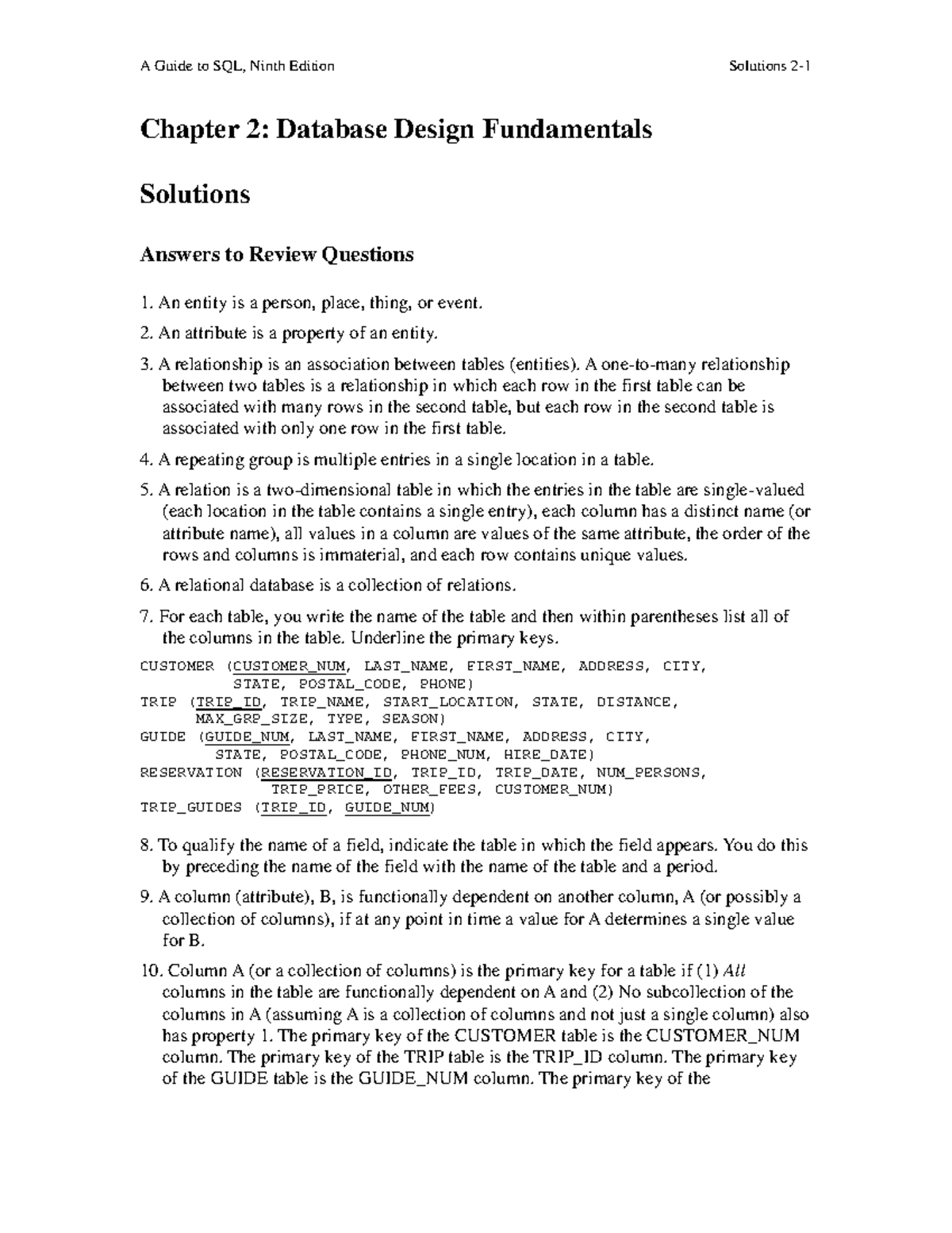 SQL 9th Edition, Chapter 2 Solutions: Database Design Fundamentals - Studocu