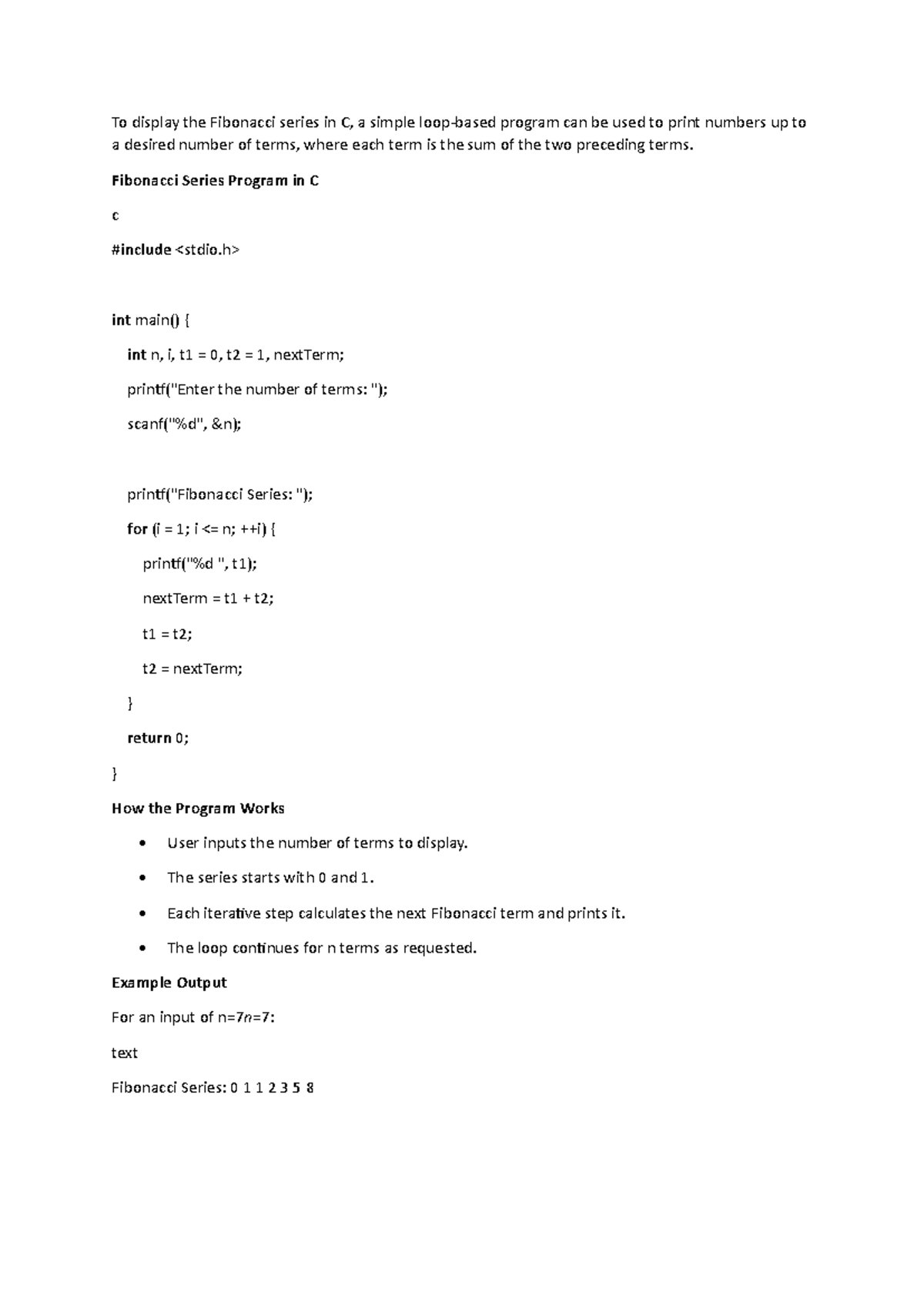 Fibonacci Series Program in C: Displaying Terms Up to N - Studocu